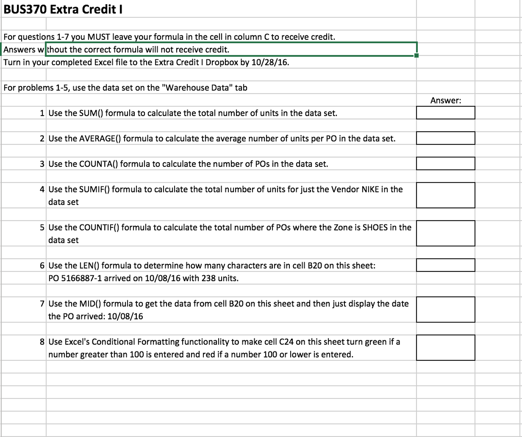 Solved Use the data set on the "Warehouse Data" tab Answer: | Chegg.com