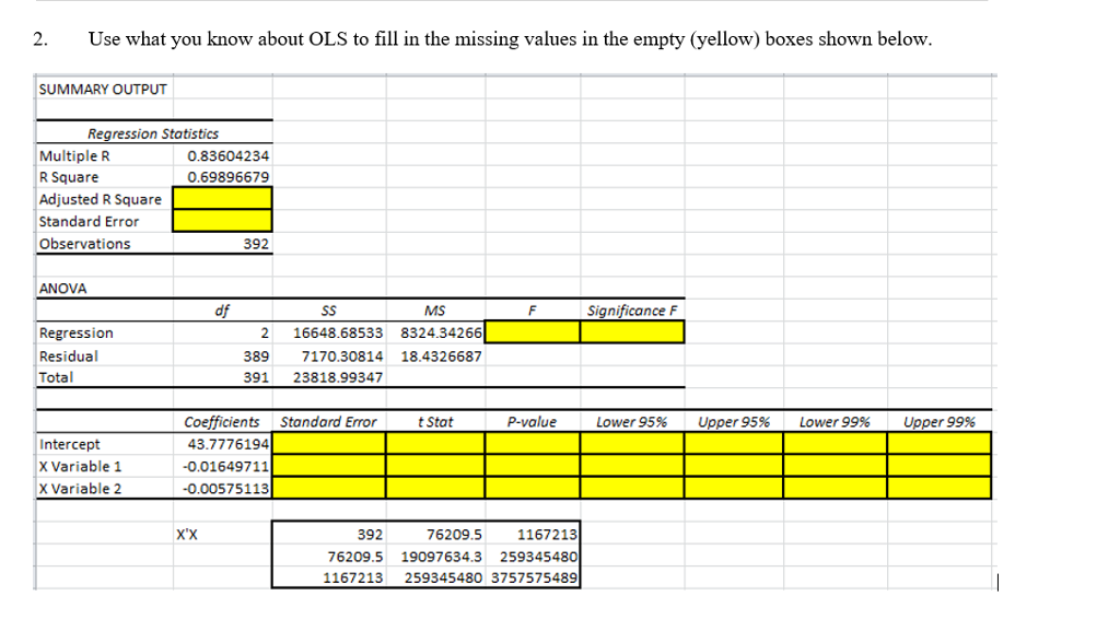 Solved 2. Use what you know about OLS to fill in the missing | Chegg.com