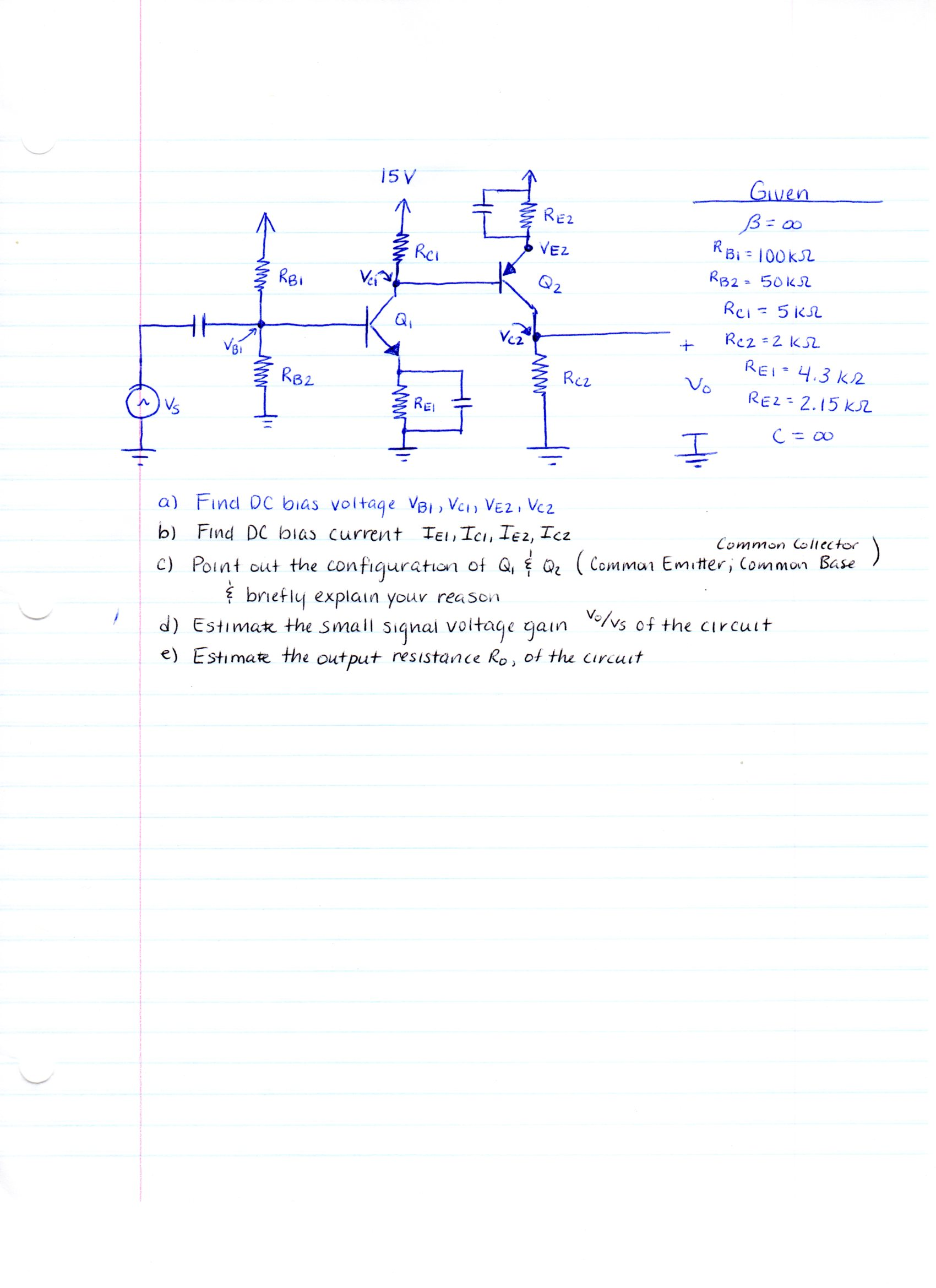 Solved Find DC bias voltage VB1, VC1, VE2 and VC2 Find DC | Chegg.com