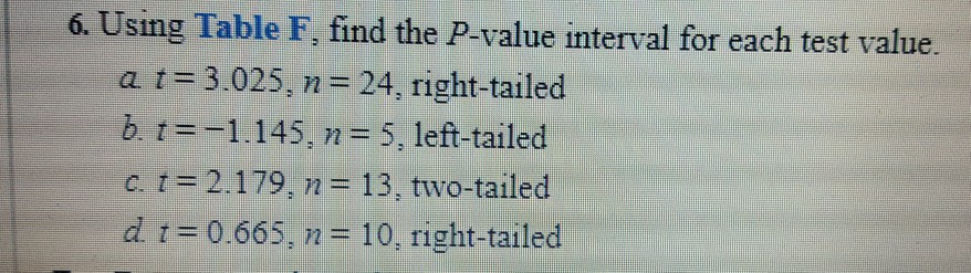 Solved 6. Using Table F, find the P-value interval for each | Chegg.com