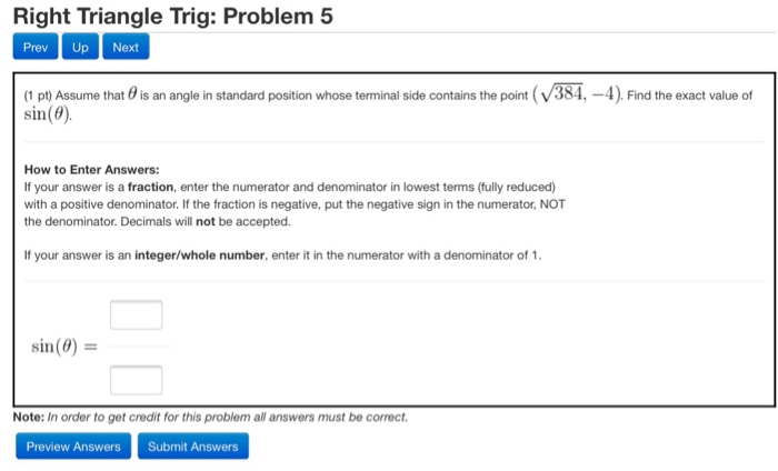 Solved Right Triangle Trig: Problem 5 Prev Up Next 84 (1 pt) | Chegg.com