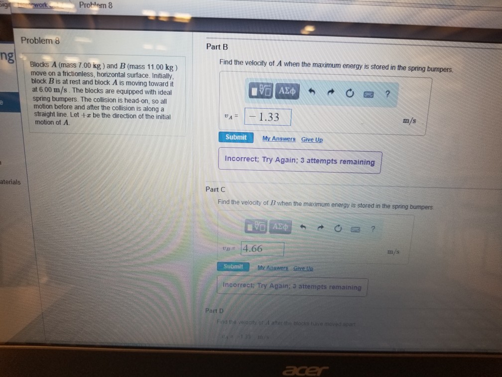 Solved Problem 8 Problem 8 Part B ng Blocks A (mass 7.00 kg | Chegg.com