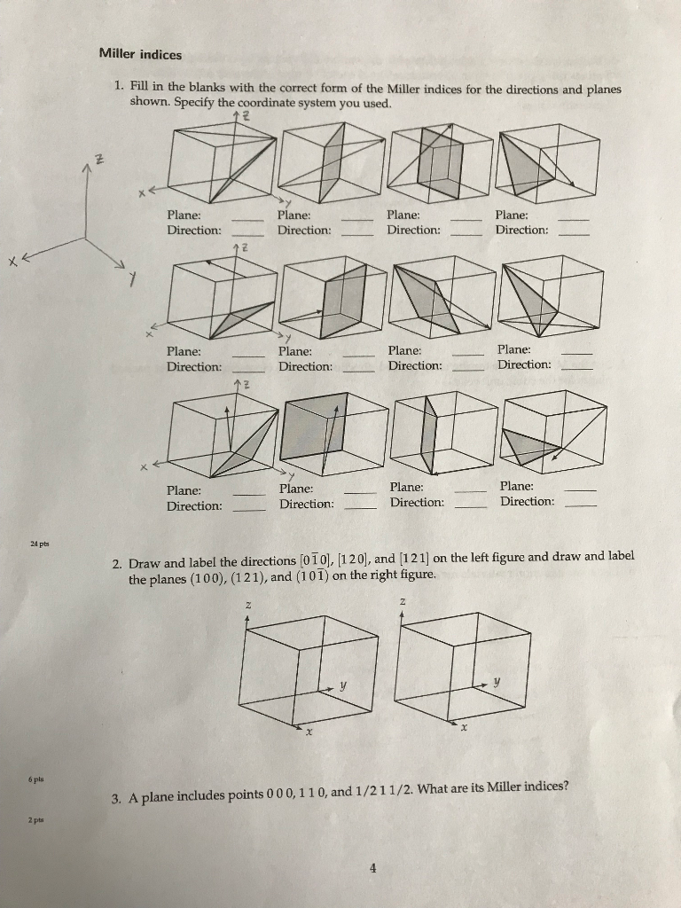 Miller indices 1. Fill in the blanks with the correct | Chegg.com