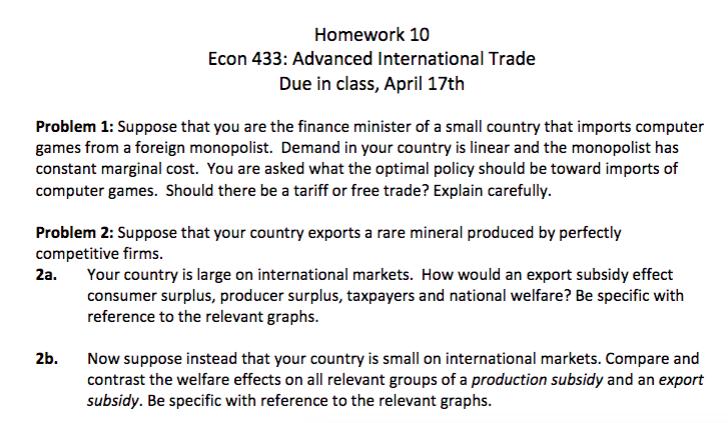 Homework 10 Econ 433: Advanced International Trade | Chegg.com