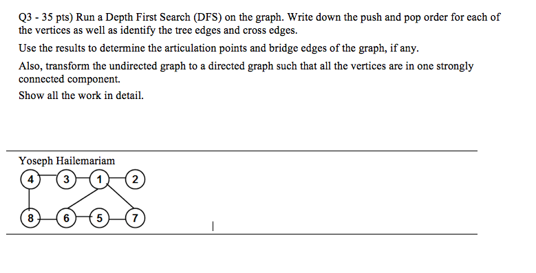 Solved Q3 - 35 pts) Run a Depth First Search (DFS) on the | Chegg.com