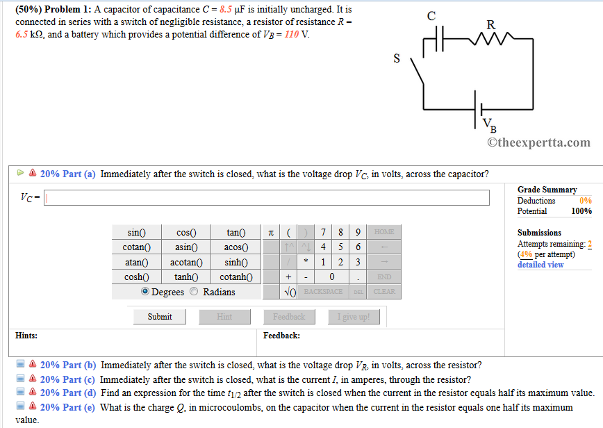 Solved (50%) Problem l: A capacitor of capacitance C 8.5 uF | Chegg.com