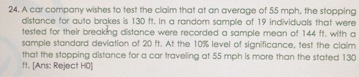 Solved A car company wishes to test the claim that at an | Chegg.com