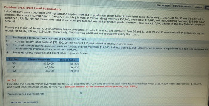 Solved Problem 2-1A (Part Level Submission) Lott Company | Chegg.com