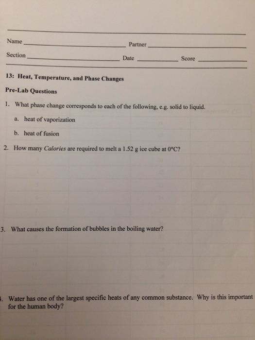 Solved 13: Heat, Temperature, and Phase Changes Pre-Lab | Chegg.com