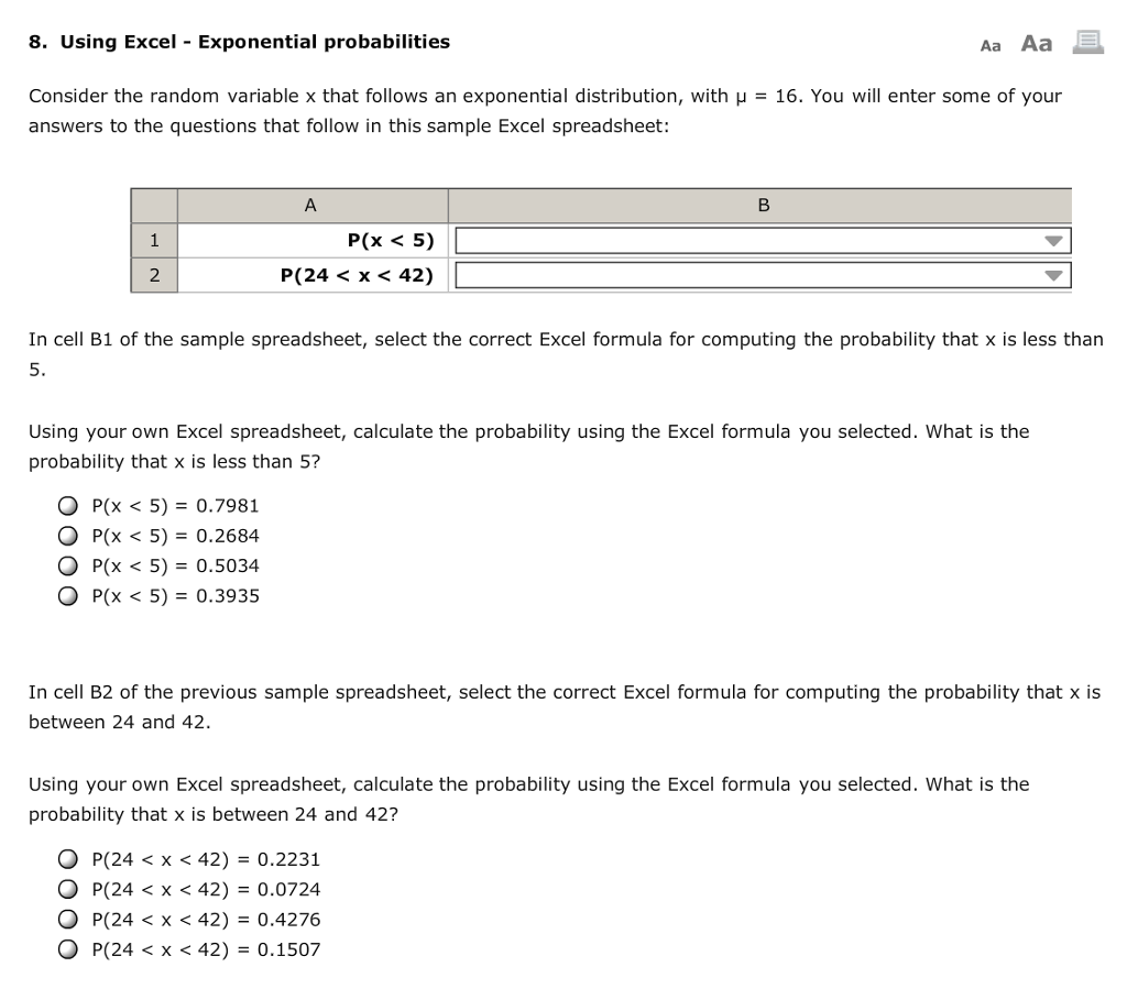 Solved 8. Using Excel - Exponential probabilities Aa Aa | Chegg.com