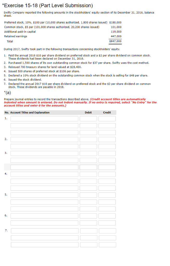 Solved Exercise 15-18 (Part Level Submission) Swifty Company | Chegg.com