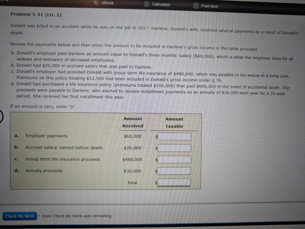 Solved eBook Calculator Print Item Problem 5-31 (Lo. 2) | Chegg.com