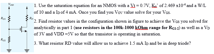 Solved VDD 1. Use the saturation equation for an NMOS with a | Chegg.com