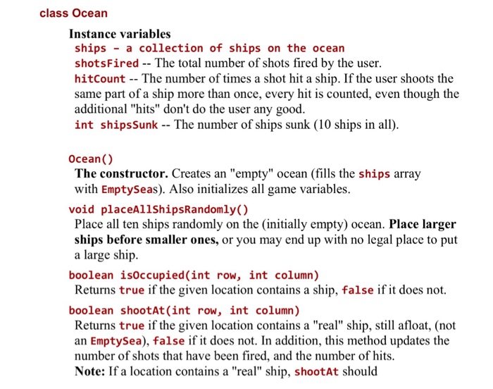 Solved class Ocean Instance variables ships a collection of | Chegg.com