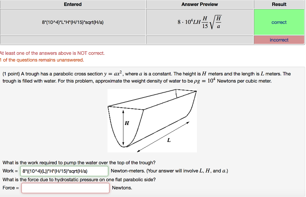 Solved A trough has a parabolic cross section y = ax^2, | Chegg.com