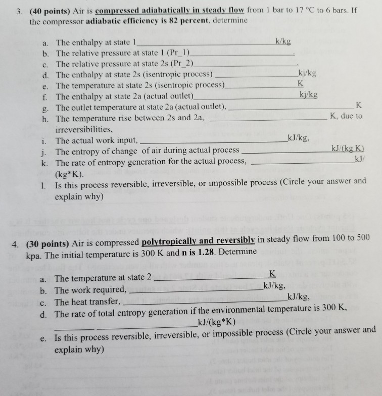 Solved 3. (40 points) Air is compressed adiabatically in | Chegg.com