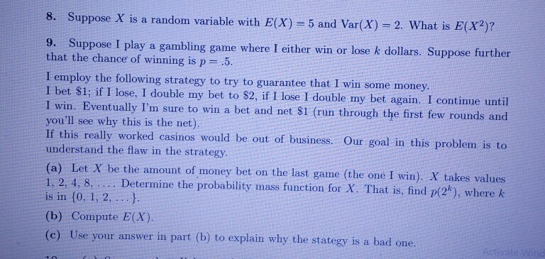 Solved 8 Suppose X Is A Random Variable With E X 5 And