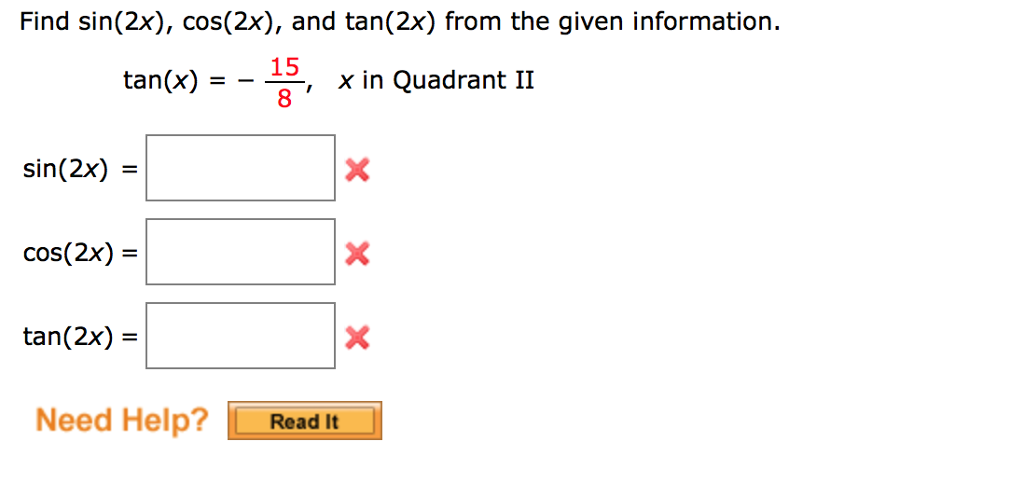 Solved Find sin(2x), cos(2x), and tan(2x) from the given | Chegg.com