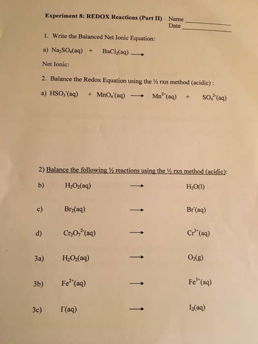 Solved Experiment 8: REDOX Reactions (Part II) Name Date 1. | Chegg.com