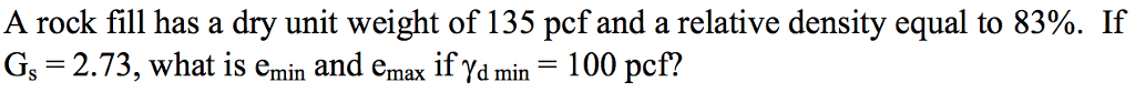 Solved A rock fill has a dry unit weight of 135 pcf and a | Chegg.com