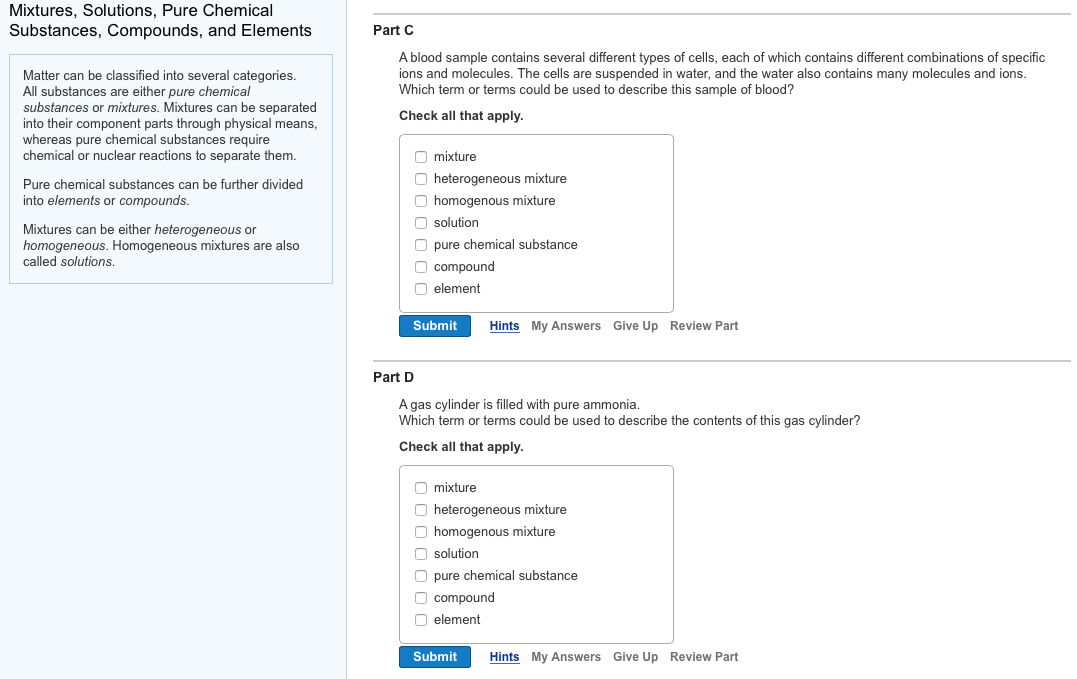 Solved Mixtures, Solutions, Pure Chemical Substances, | Chegg.com