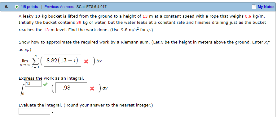 Solved 5. +1/5 points | Previous Answers SCalcET8 6.4.017 My | Chegg.com