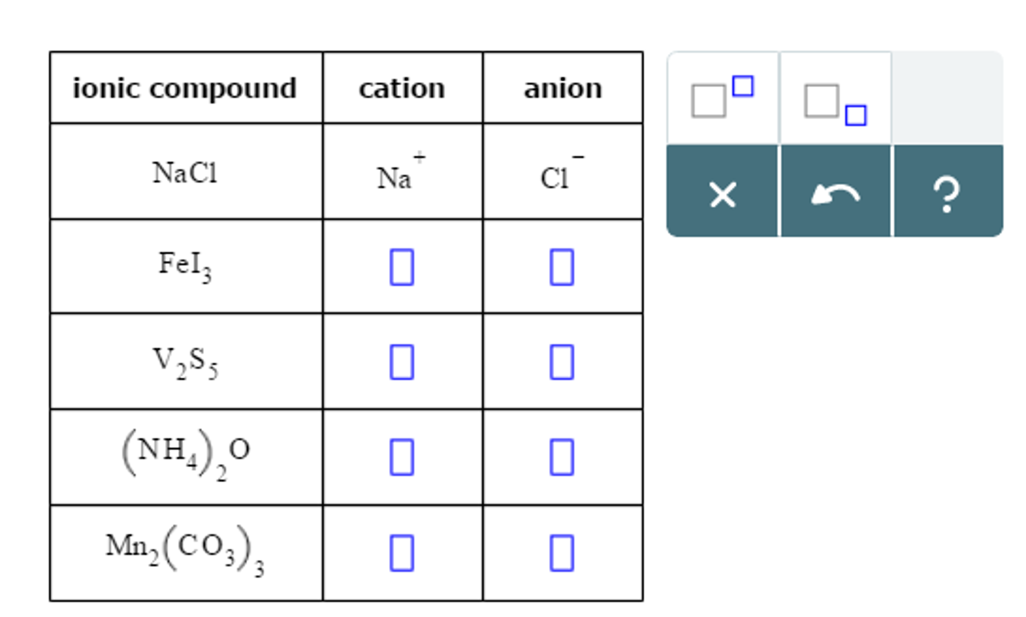 Solved ionic compound Naci Fel V S s NHA) O Mn (CO cation | Chegg.com