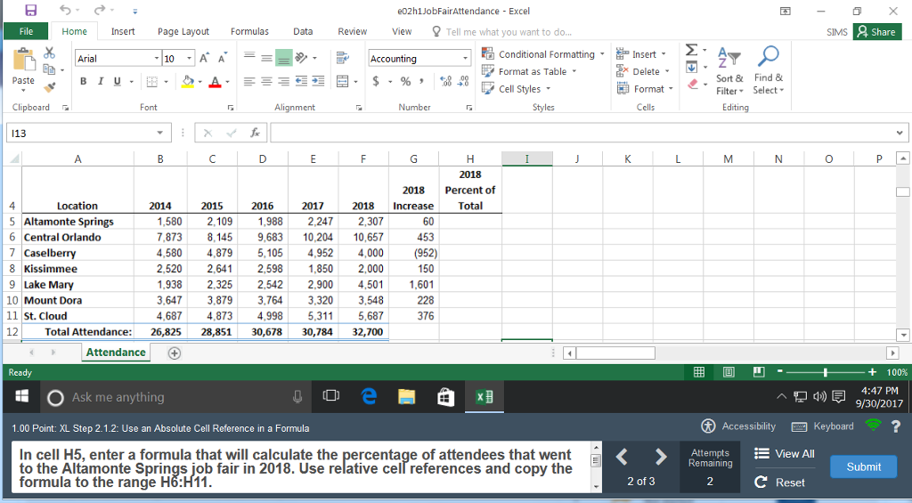 Solved e02h1JobFairAttendance Excel File Home nsert Page | Chegg.com