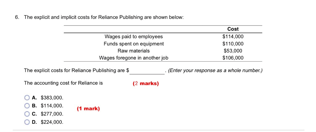 Solved The explicit and implicit costs for Reliance | Chegg.com