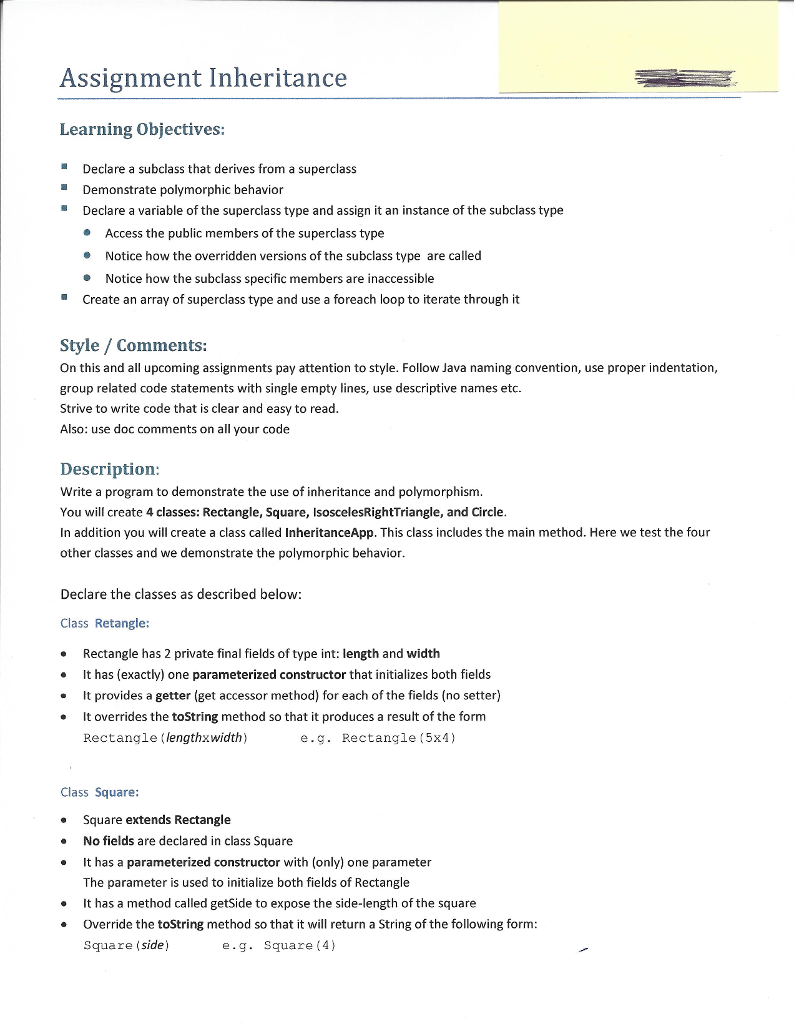 Solved Assignment Inheritance Learning Objectives Declare a | Chegg.com