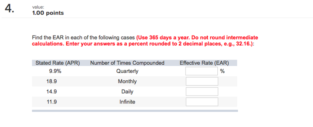 Solved Find the EAR in each of the following cases (Use 365 | Chegg.com