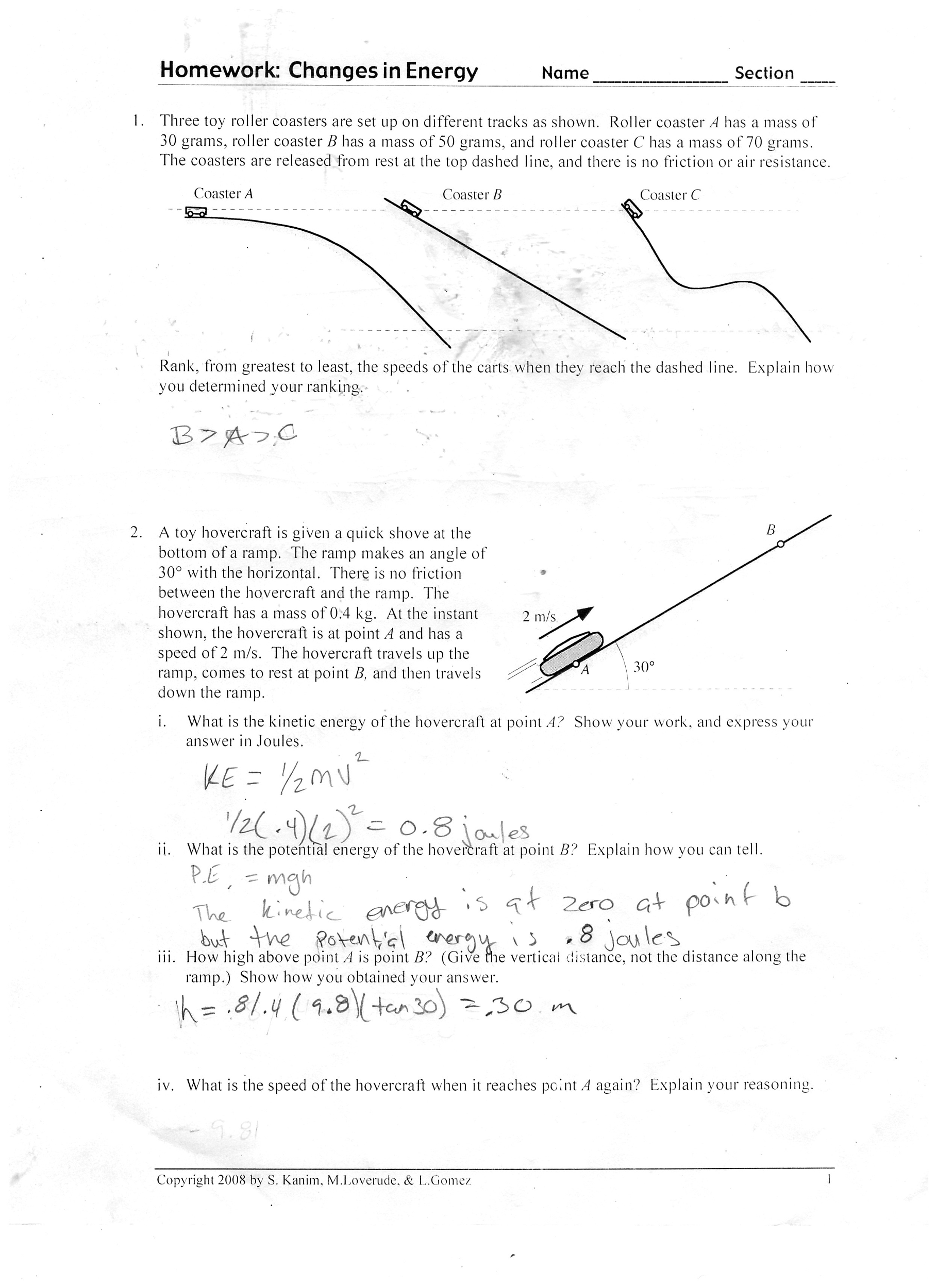 Solved Homework: Changes in Energy Name Section 1. Three toy | Chegg.com