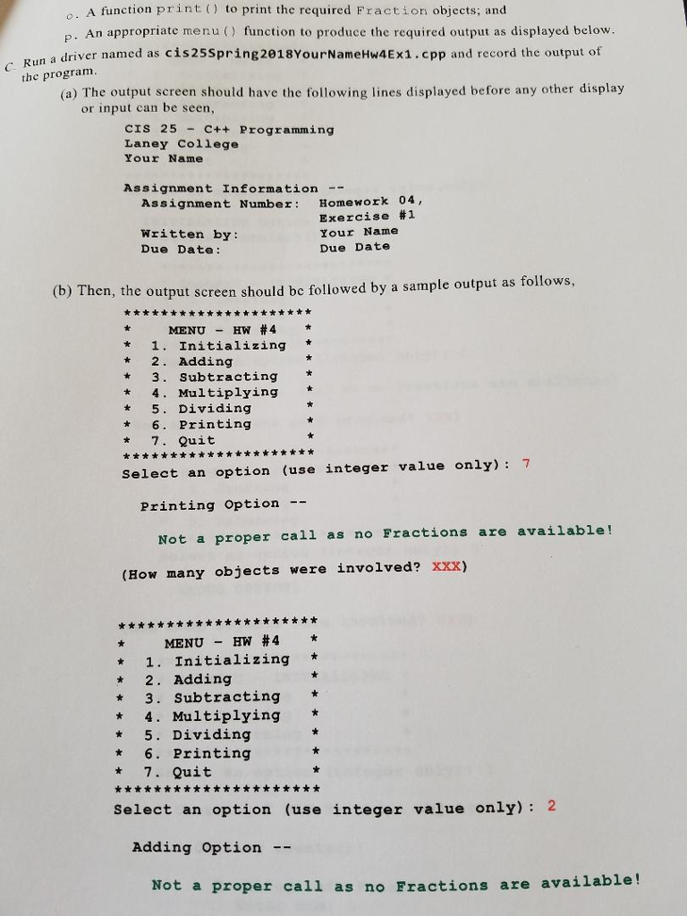 . A function print () to print the required Fraction | Chegg.com