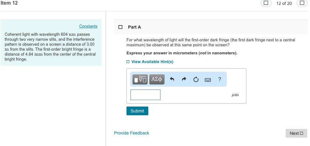 Solved Item 12 12 of 20 Constants Part A Coherent light with | Chegg.com