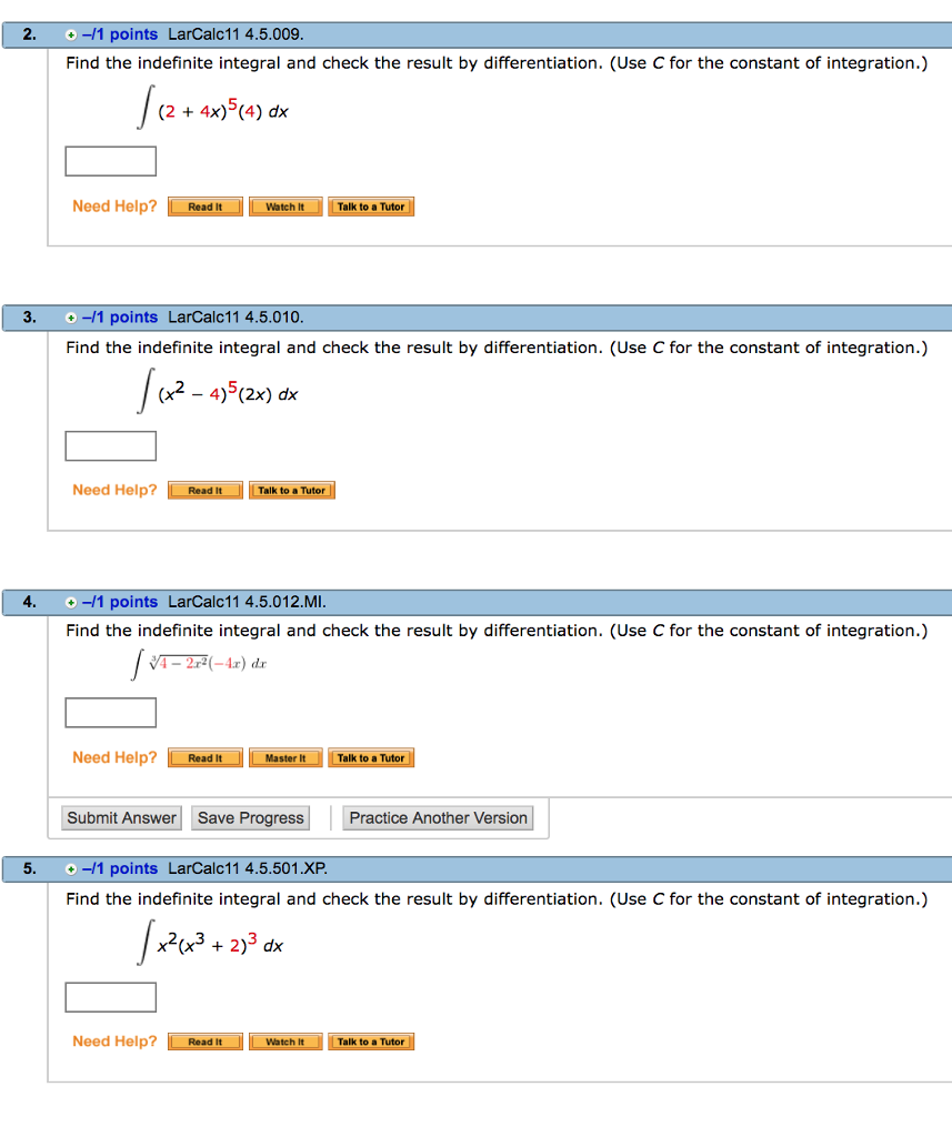 Solved 2. /1 points LarCalc11 4.5.009 Find the indefinite | Chegg.com