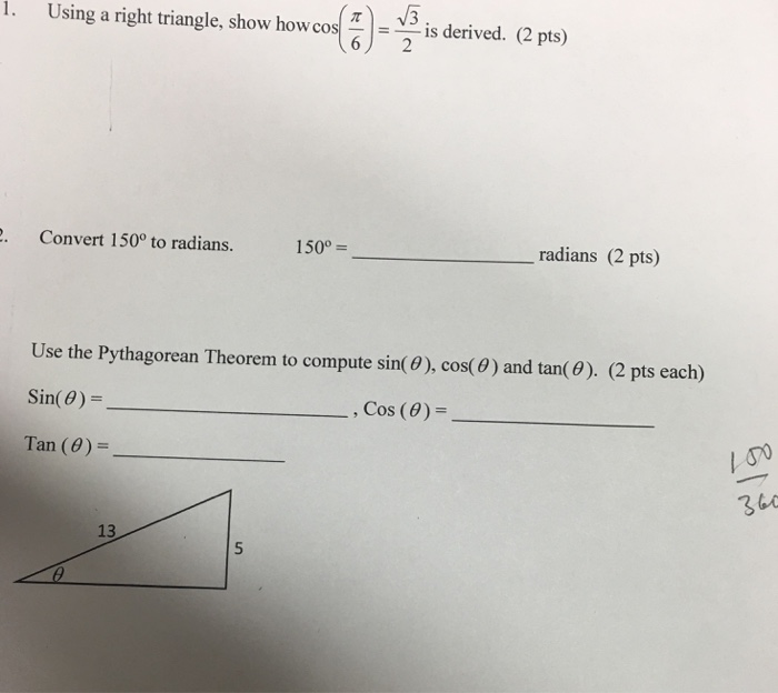 Solved Using a right triangle, show how cos (pi/6) = | Chegg.com