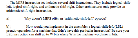 Solved The MIPS instruction set includes several shift | Chegg.com
