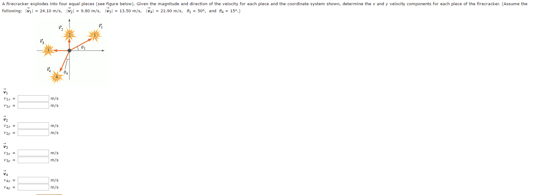 Solved A firecracker explodes into four equal pieces (see | Chegg.com