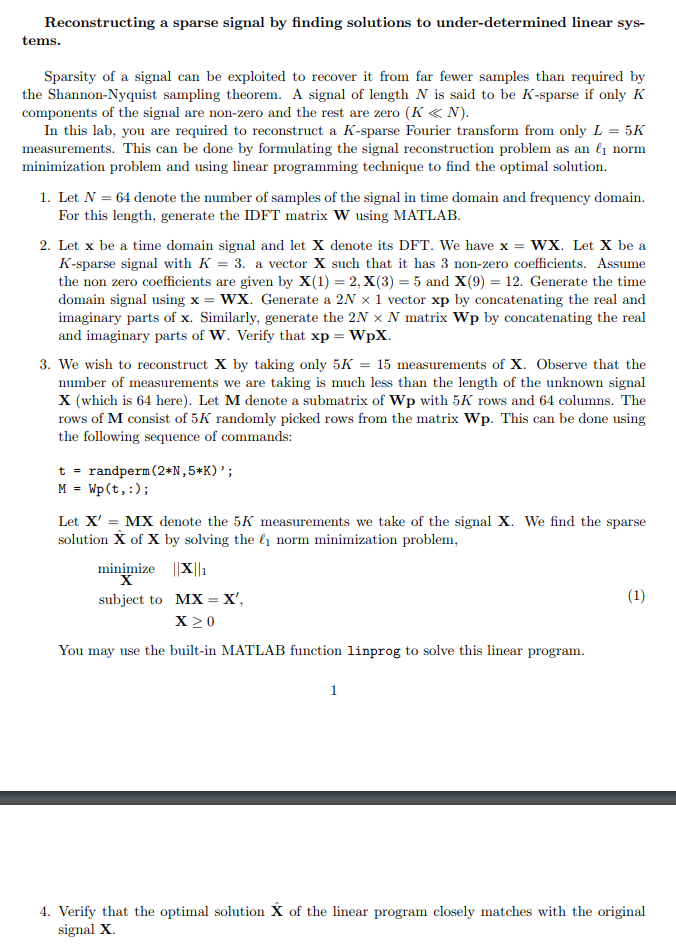 Reconstructing a sparse signal by finding solutions | Chegg.com