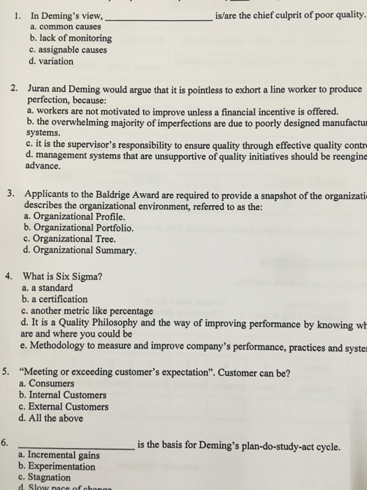 Solved In Deming's view, is/are the chief culprit of poor | Chegg.com