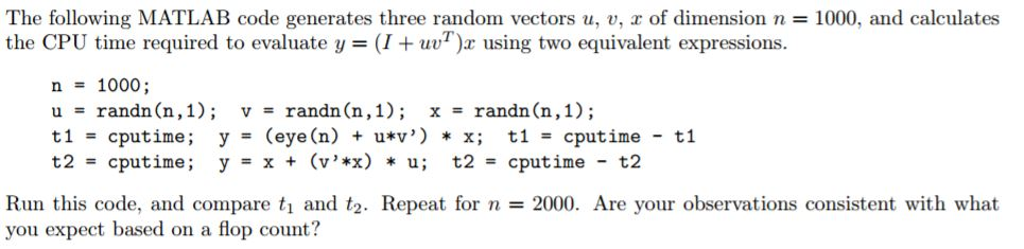 Solved CODE COPIED BELOW: n = 1000; u = randn(n,1); v = | Chegg.com