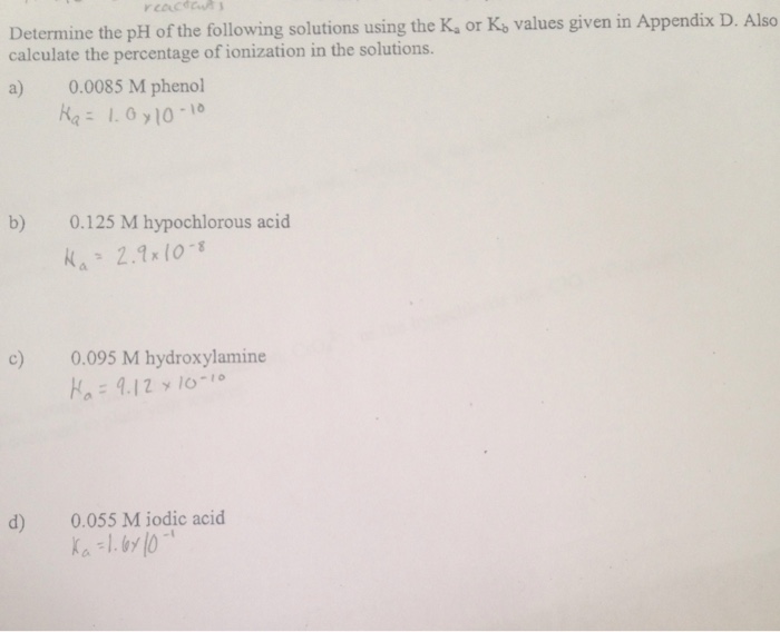 Solved Determine the pH of the following solutions using the | Chegg.com