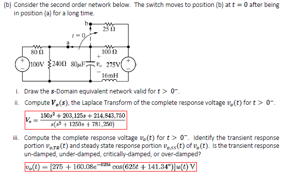 Solved Consider the second order network below. The switch | Chegg.com