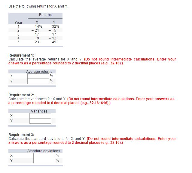 Solved Use the following returns for X and Y. Calculate the | Chegg.com