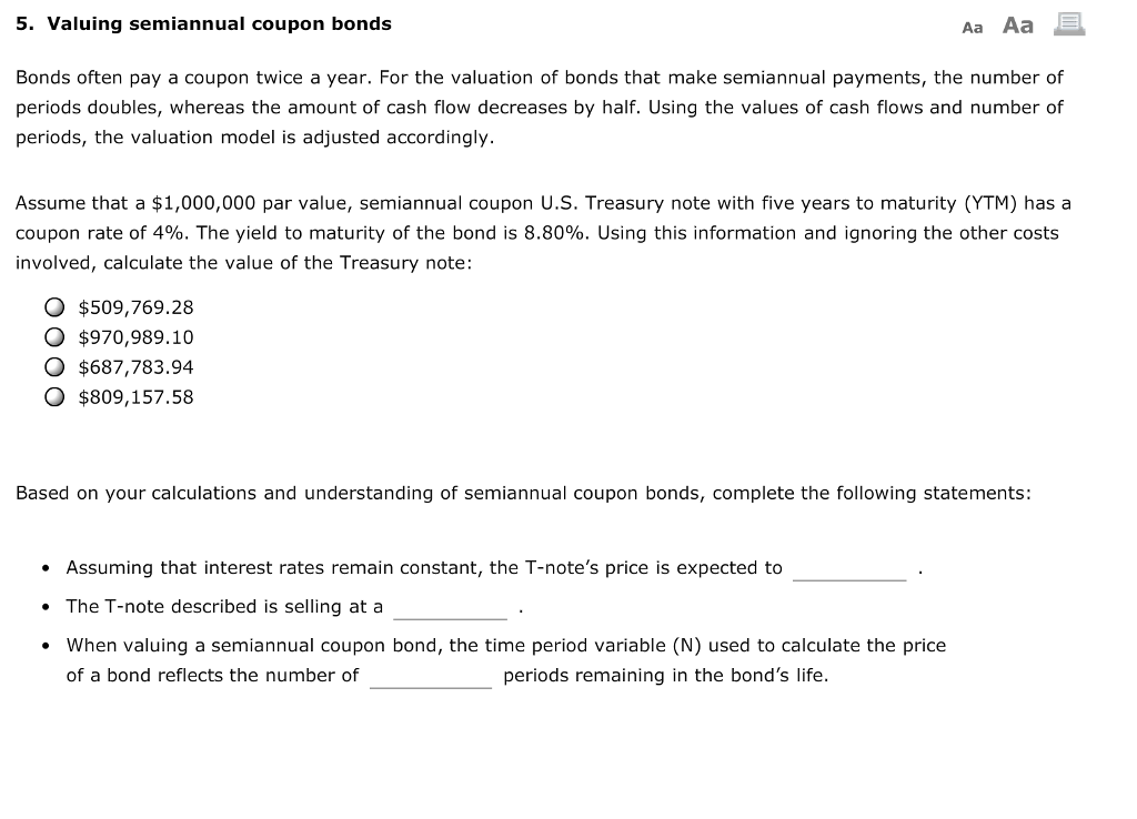 Solved 5. Valuing semiannual coupon bonds Aa Aa Bonds often | Chegg.com
