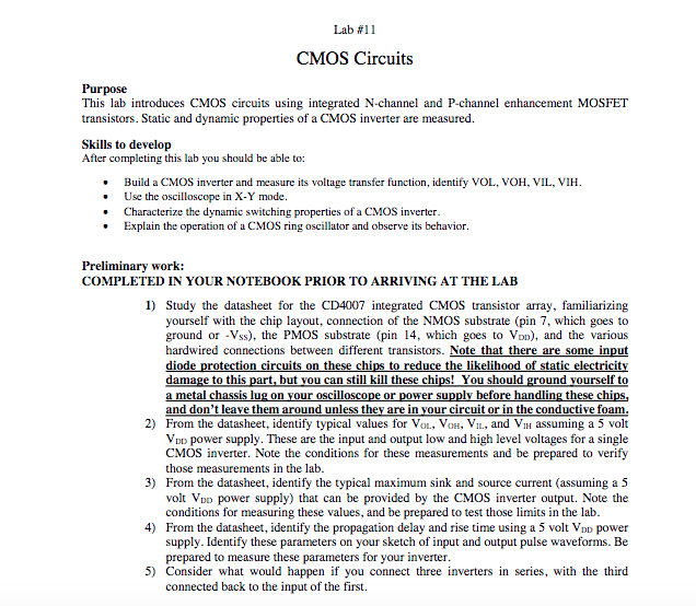 Lab #11 CMOS Circuits Purpose This lab introduces | Chegg.com