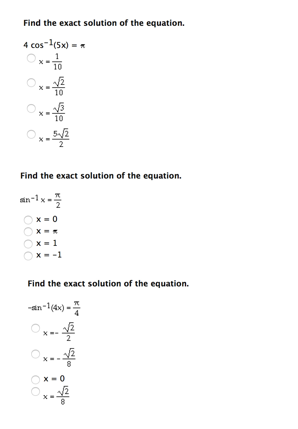 Solved Find the exact solution of the equation. 4 cos^-1(5x) | Chegg.com