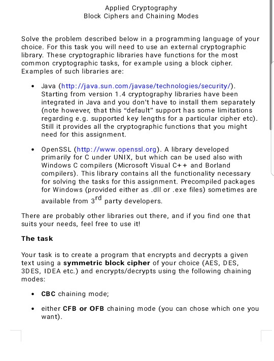 Solved Applied Cryptography Block Ciphers and Chaining Modes | Chegg.com