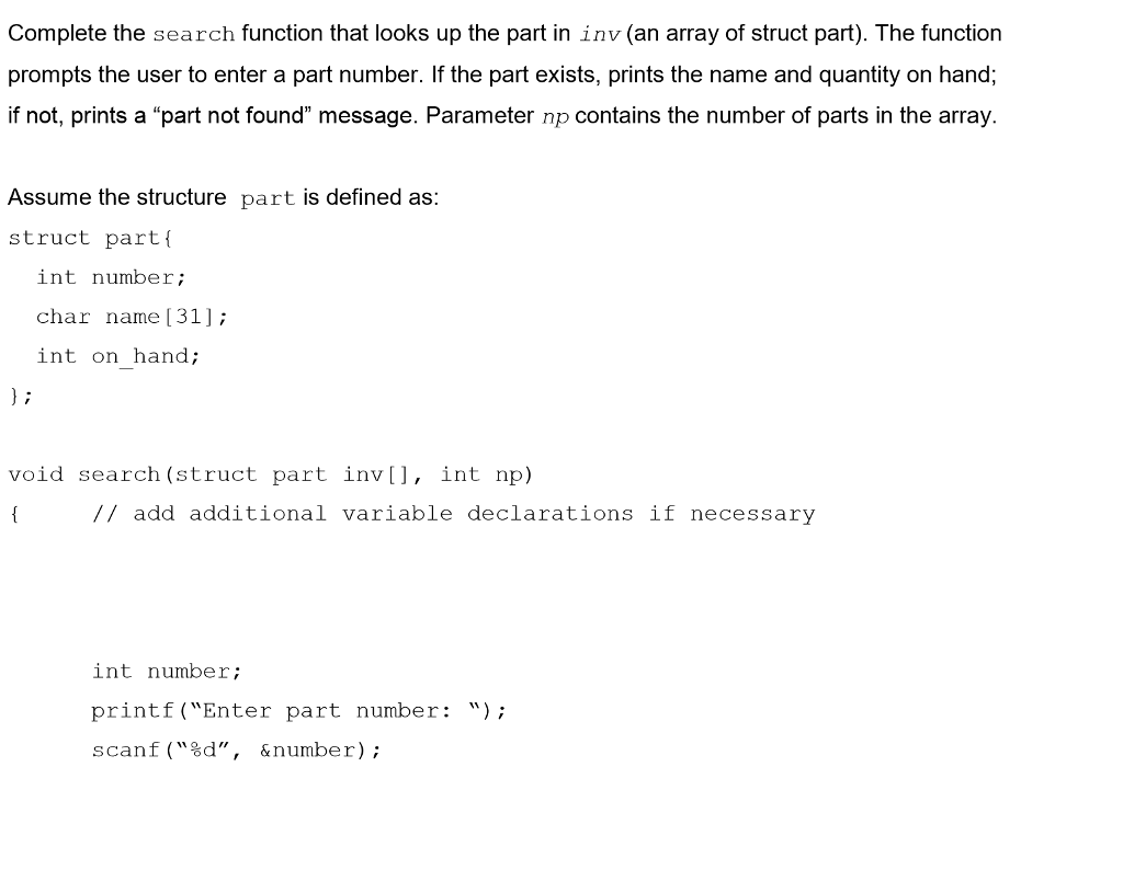Solved Complete the search function that looks up the part | Chegg.com