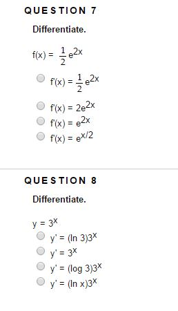 Solved Differentiate. f(x)= 1/2e^2x f(x)= 1/2e^2x f(x) = | Chegg.com